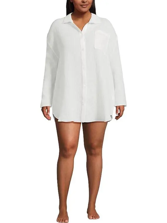 LANDS' END Oversized Gauze Button Front Shirt - White