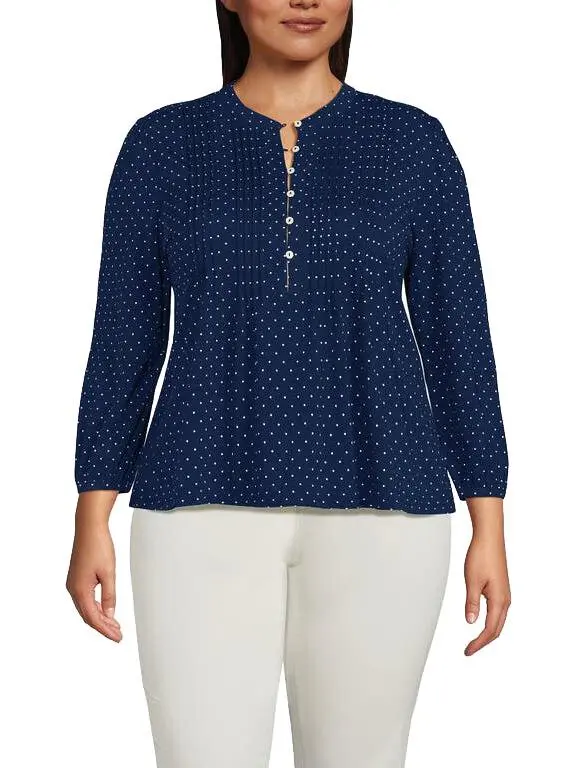 LANDS' END Lightweight Jersey Pintuck Top - Deep Sea Navy Pin Dot