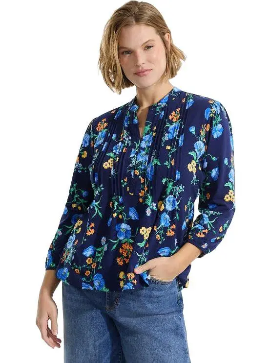 LANDS' END Lightweight Jersey Pintuck Top - Navy/tossed Poppy Floral