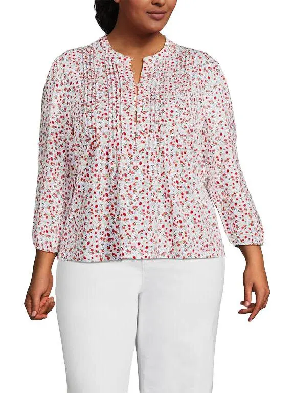 LANDS' END Lightweight Jersey Pintuck Top - White Floral Strawberries