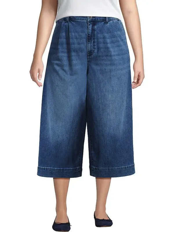 LANDS' END Denim Mid-rise Wide Leg Culotte Jeans - Indigo Tide Blue