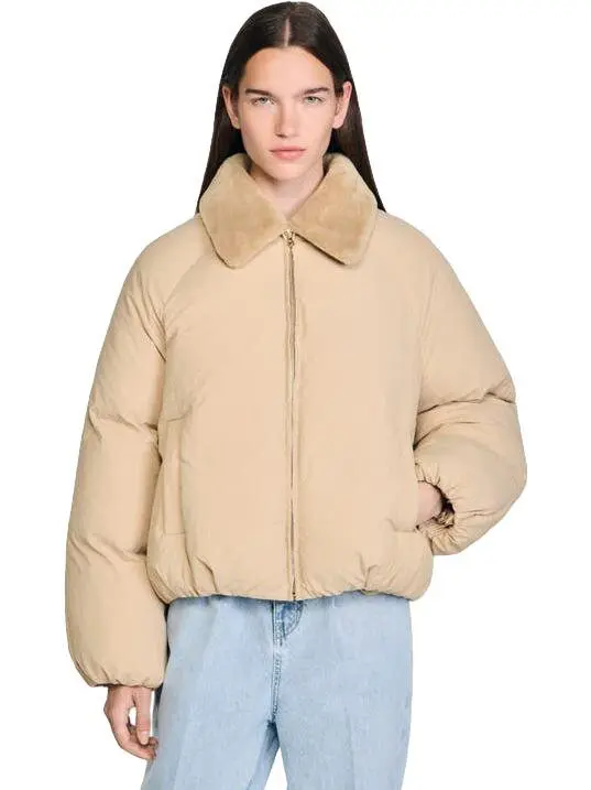 Sandro Puffer Jacket With Faux Shearling Collar - Beige
