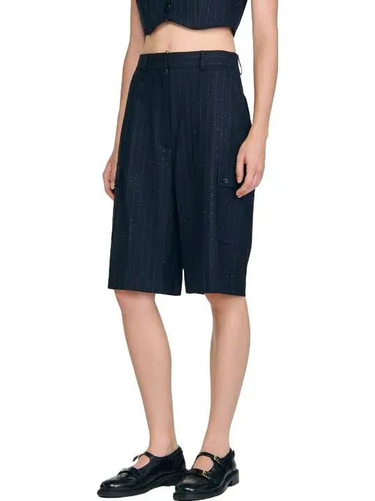 Sandro Rhinestone Striped Bermuda Shorts - Navy Blue