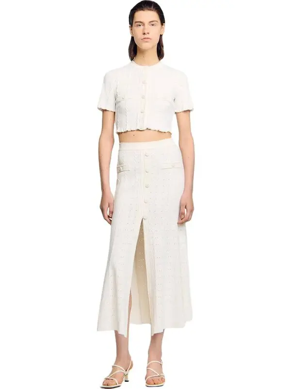 Sandro Cropped Pointelle Knit Cardigan - Ecru
