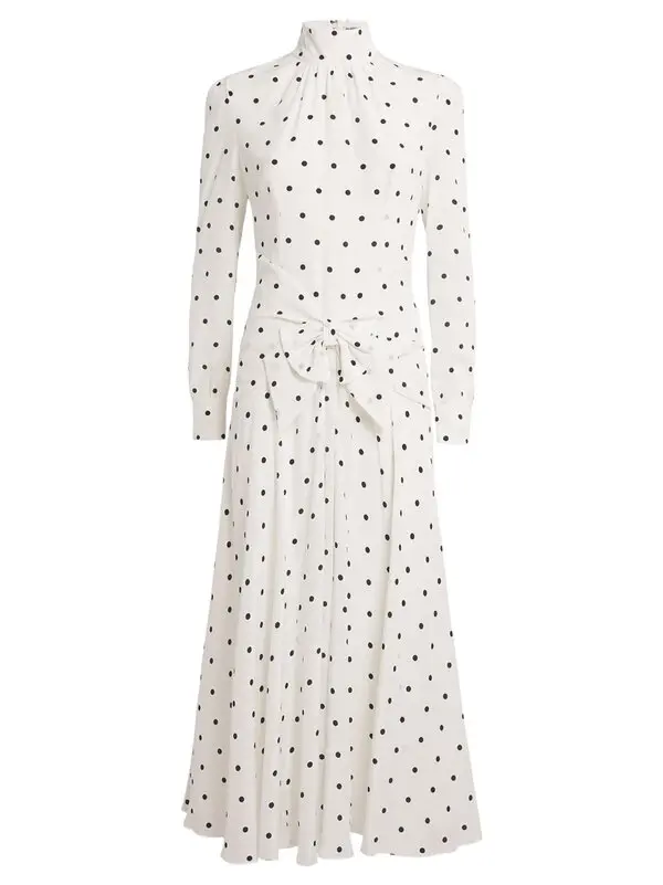 Alessandra Rich Silk Polka Dot Midi Dress With Bow - White
