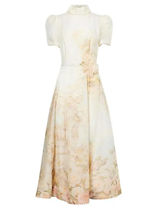 Zimmermann Memento Picnic Linen And Silk Midi Dress - Rose Arbor