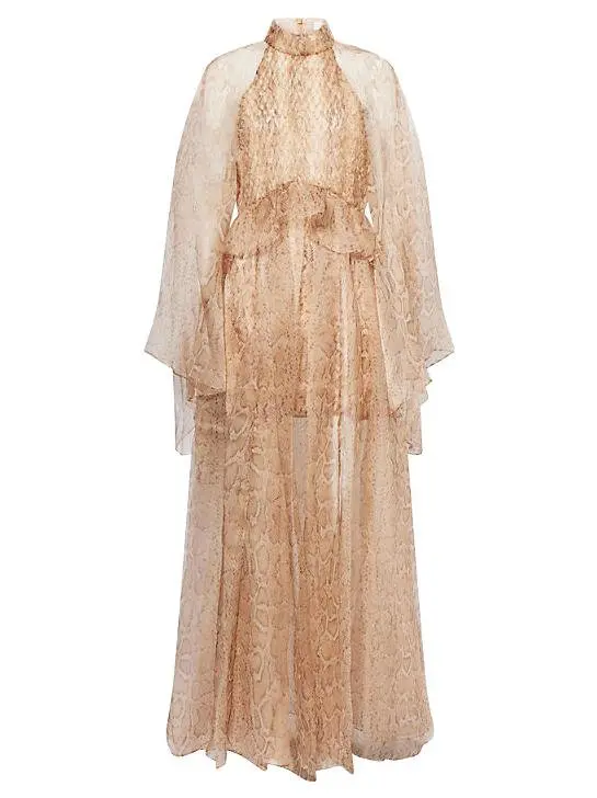 Zimmermann Memento Smocked Flutter Silk Maxi Dress - Cream Snake