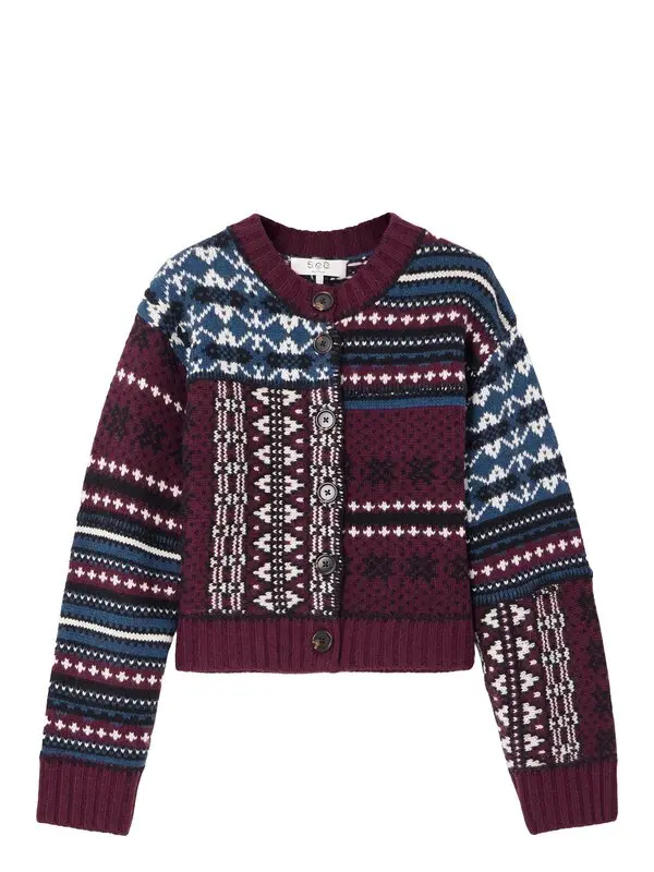 Sea Linea Paneled Fair Isle Merino Wool Cardigan - Burgundy