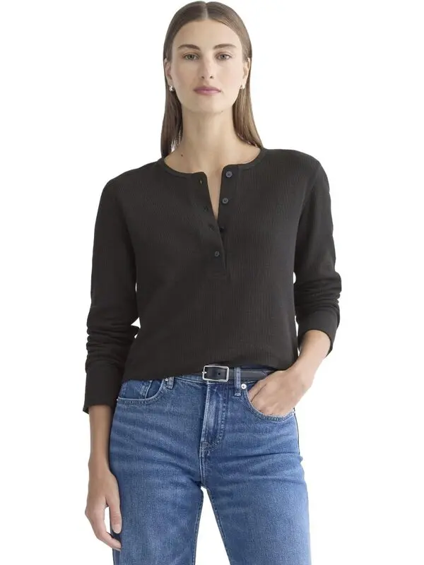 Everlane Boxy Waffle Henley - Black