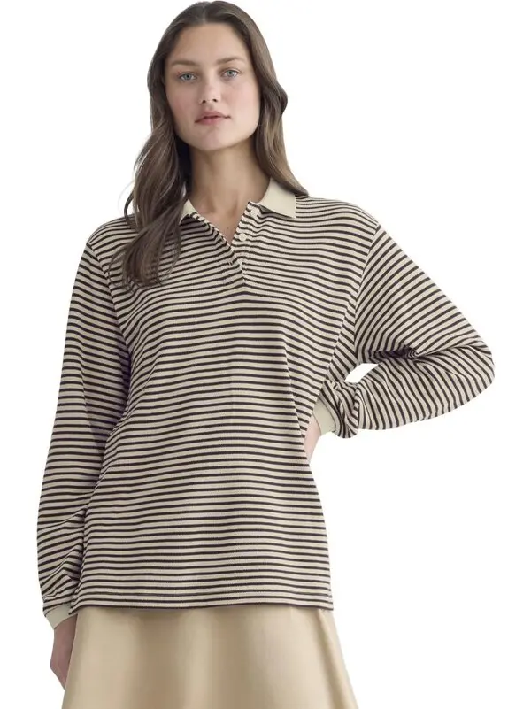 Everlane Oversized Pique Polo T-shirt - Dusty Beige/deep Plum Stripe