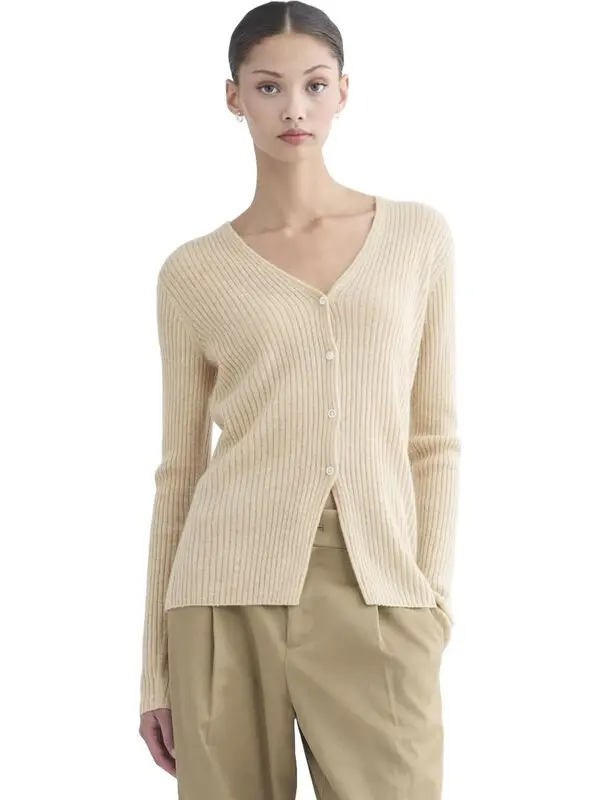 Everlane Cashmere Ribbed V-neck Cardigan - Heather Light Camel