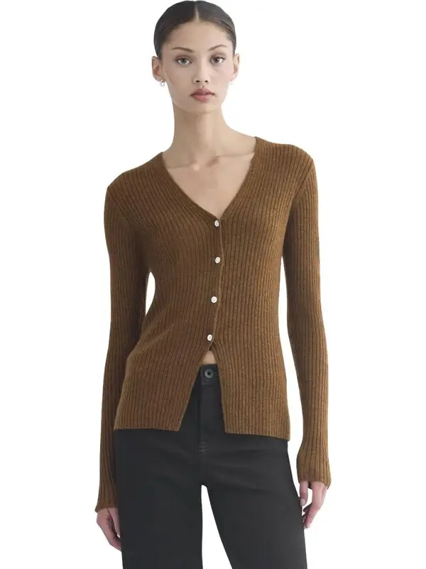Everlane Cashmere Ribbed V-neck Cardigan - Heathered Toffee