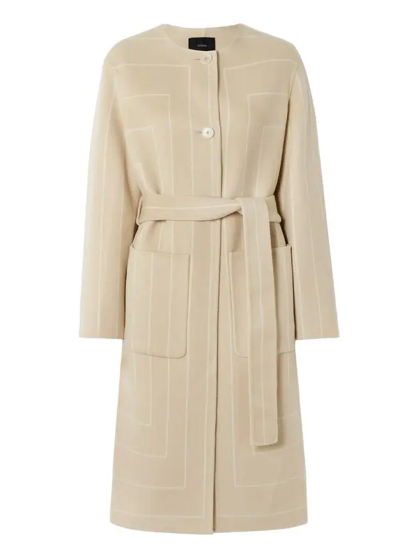 JOSEPH Scheffer Belted Striped Wool And Silk-blend Coat - Neutrals