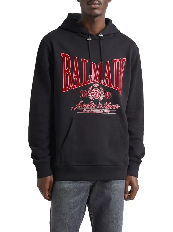 Balmain Flocked College Flag Appliqué Terry Cloth Hoodie - Black/red