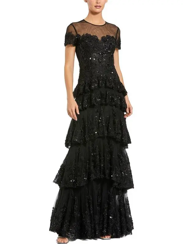 Mac Duggal Short Sleeve Tiered Mesh Gown With Embellishments - Black