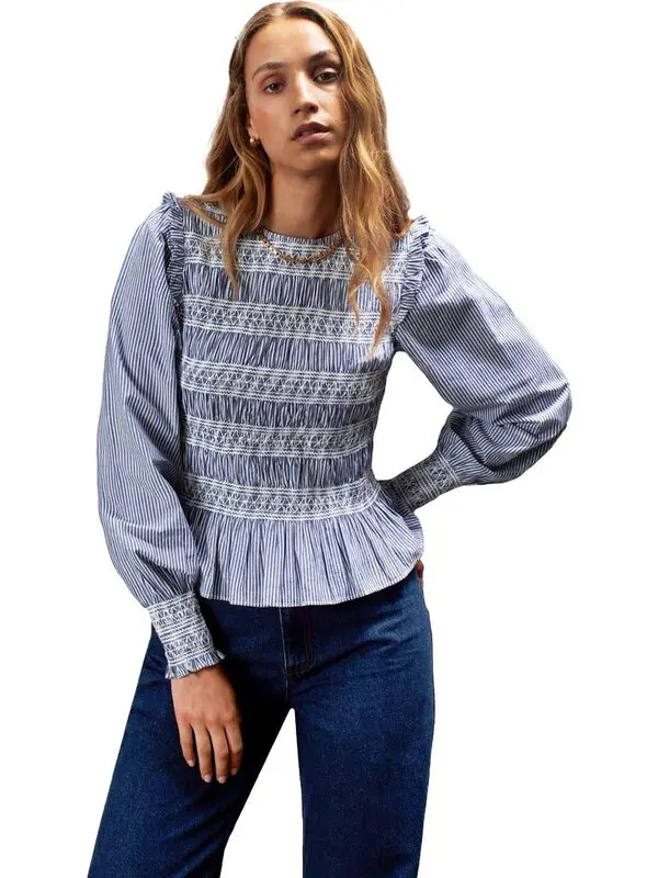 RO&ZO Striped Shirred Blouse - Blue