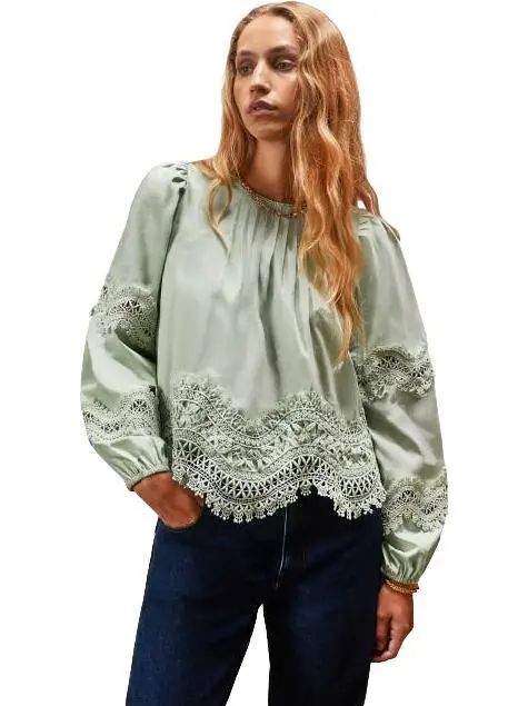 RO&ZO Lace Panel Long Sleeve Blouse - Green