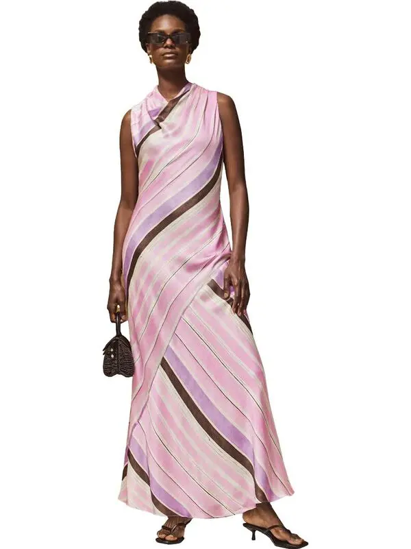 RO&ZO Phoebe Stripe Cowl Neck Satin Dress - Pink
