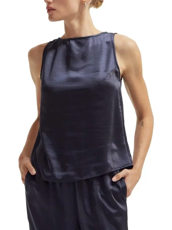 CRESCENT Crushed Satin Tank Top - Midnight Blue