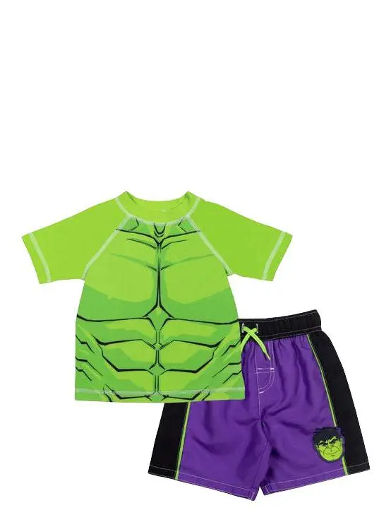 MARVEL Printed Rash Guard And Swim Trunks - Avengers The Hulk Green