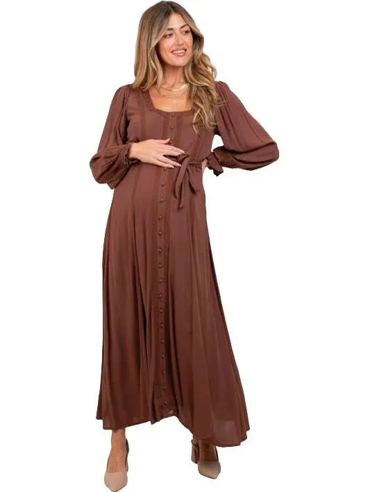 PINKBLUSH Lace Detail Button Down Maxi Dress - Brown