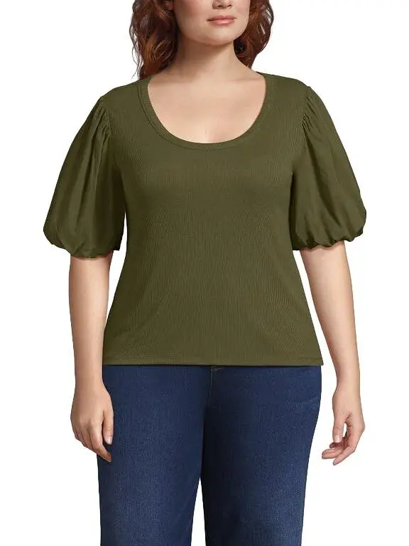 LANDS' END Drapey Rib Puff Sleeve Top - Olive Drab