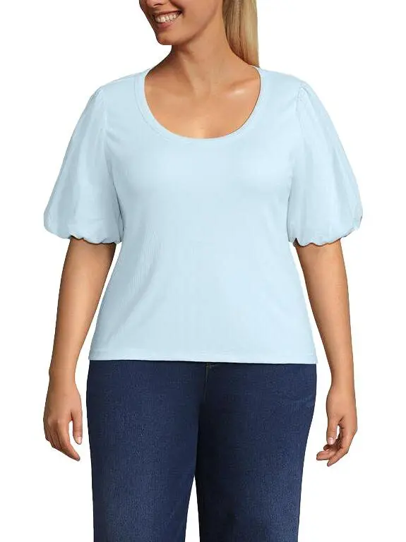 LANDS' END Drapey Rib Puff Sleeve Top - Soft Ice Blue