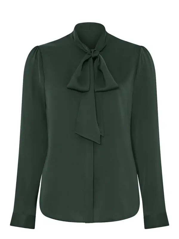 MILLY Tie Neck Long Sleeve Blouse - Dark Green