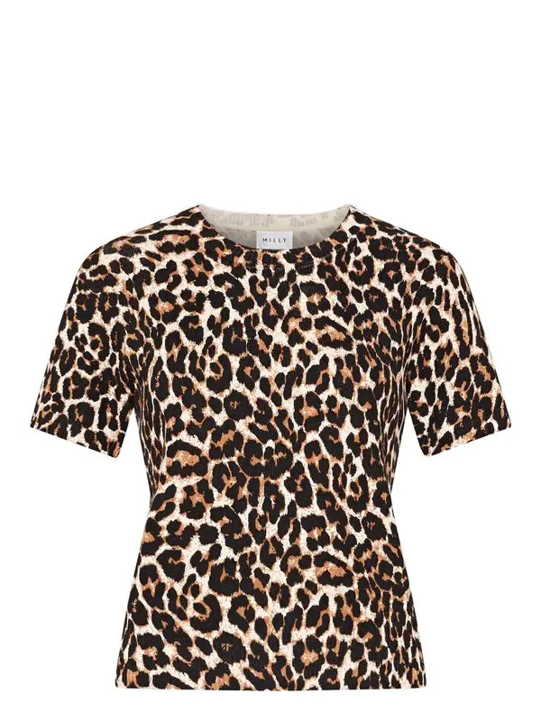 MILLY Leopard Print Short Sleeve Knit Top - Multicolor