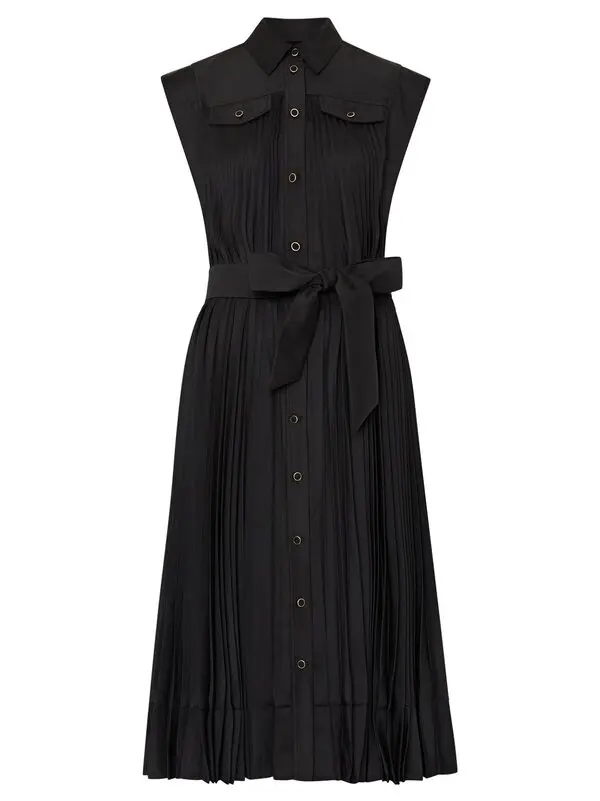 MILLY Johanna Pleated Twill Midi Dress - Black