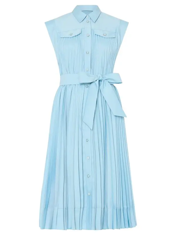 MILLY Johanna Pleated Twill Midi Dress - Mineral Blue