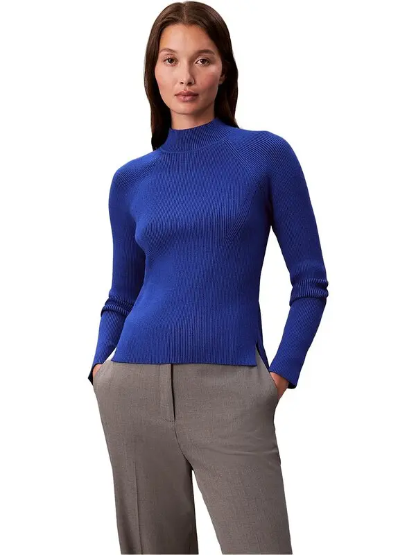 Calvin Klein Tech Knit Ribbed Mock Neck Sweater - Cobalt Combo