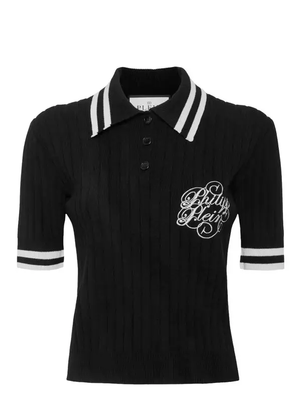 Philipp Plein Logo-embroidered Ribbed-knit Polo Top - Black