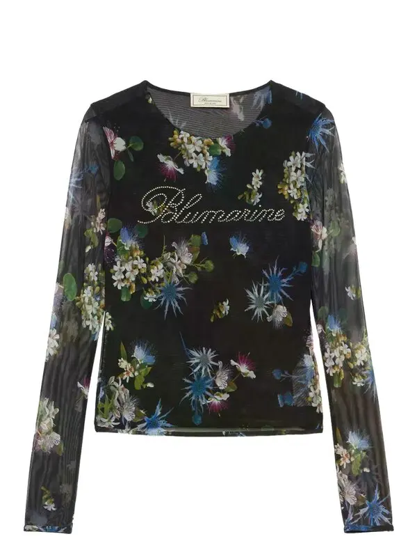 Blumarine Floral-print Mesh Top - Black