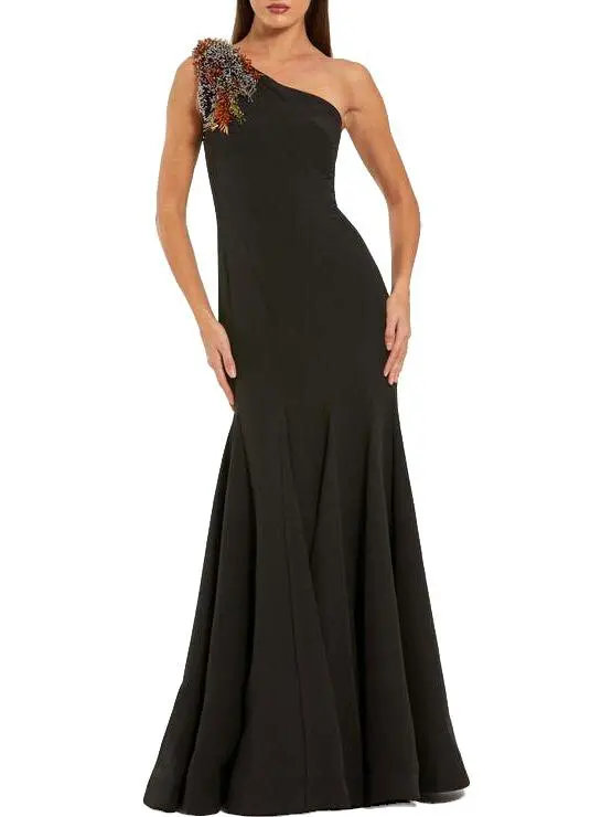 Mac Duggal Crepe One-shoulder Beaded Mermaid Gown - Black Multi