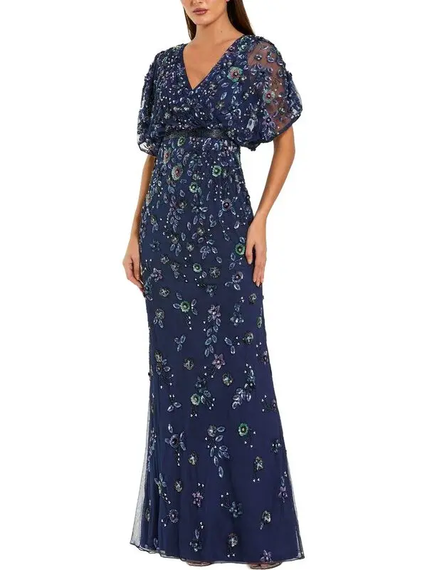 Mac Duggal Floral Embellished Blouson Gown - Navy