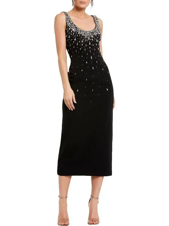 Mac Duggal Beaded Crepe Sleeveless Sheath Midi Dress - Black