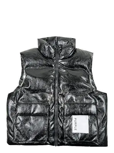 PURPLE BRAND Pu Leather Puffer Vest - Black