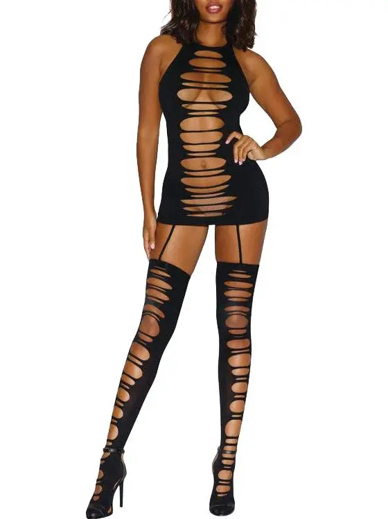 DREAMGIRL Strappy Garter Body-con Dress With Stockings - Black
