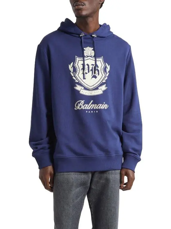 Balmain Cotton French-terry Hoodie With Flocked Logo - Spv Bleu/beige