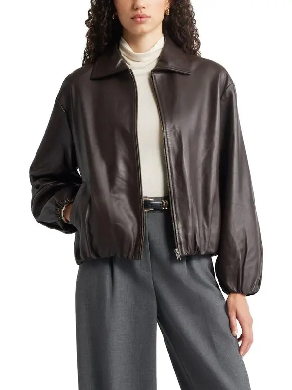 Nordstrom Bubble Hem Leather Bomber Jacket - Brown Torte