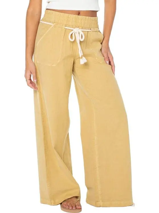 Roxy Drawstring Cotton And Linen Pants - Curry