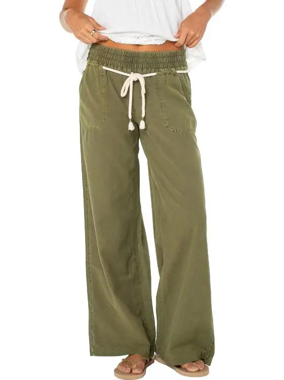 Roxy Drawstring Cotton And Linen Pants - Olive Branch