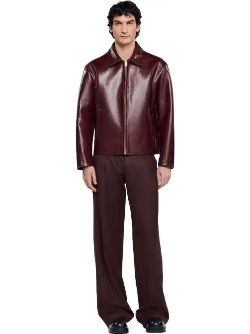 Sandro Classic Zip-up Leather Jacket - Cognac