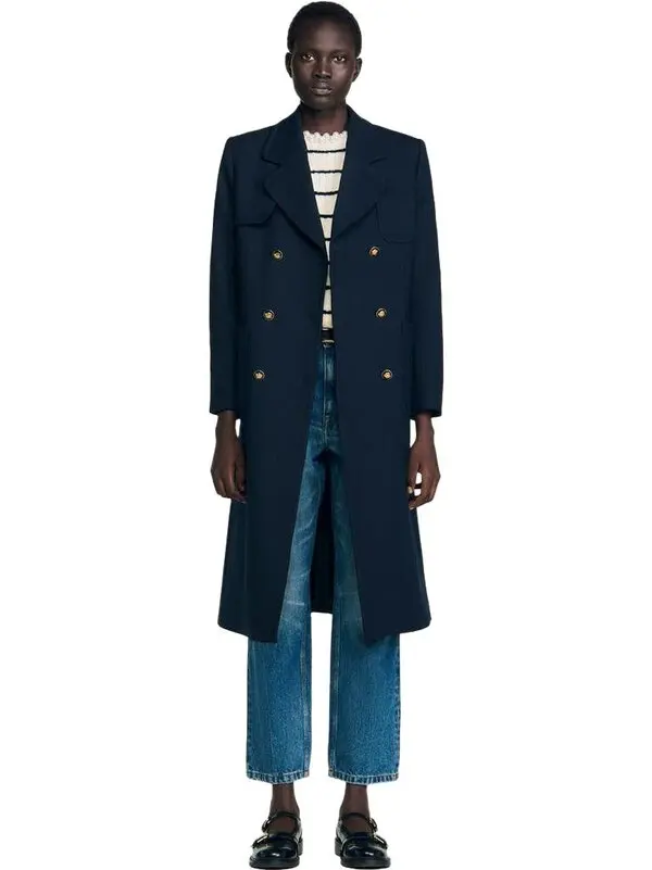 Sandro Long Double-breasted Coat - Navy Blue
