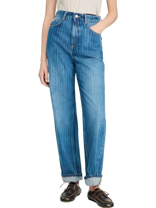 Sandro Wide-leg Pinstriped Jeans - Blue Jean