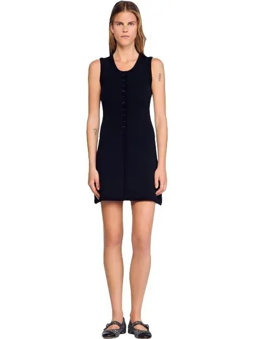 Sandro Short Ribbed Knit Dress With Press-stud Fastening - Black