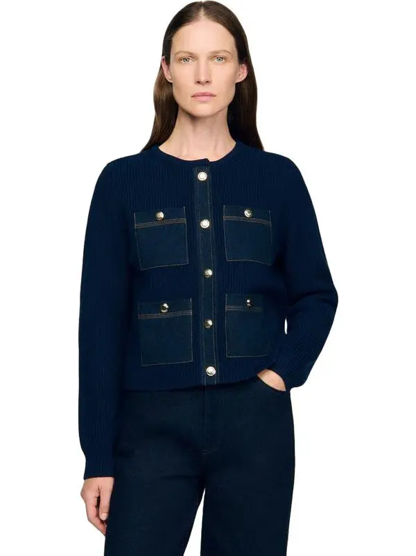 Sandro Rib Knit Cardigan With Denim Detail - Navy Blue