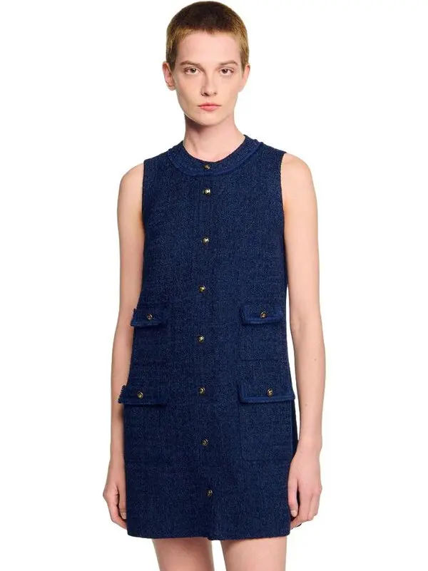 Sandro Short Tweed Dress With Button Details - Navy Blue
