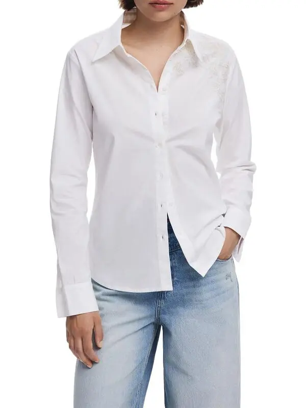 Desigual Embroidered Long Sleeve Button-up Shirt - White/light Beige